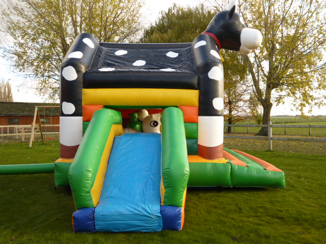 Koe springkasteel met diverse obstakels en glijbaan